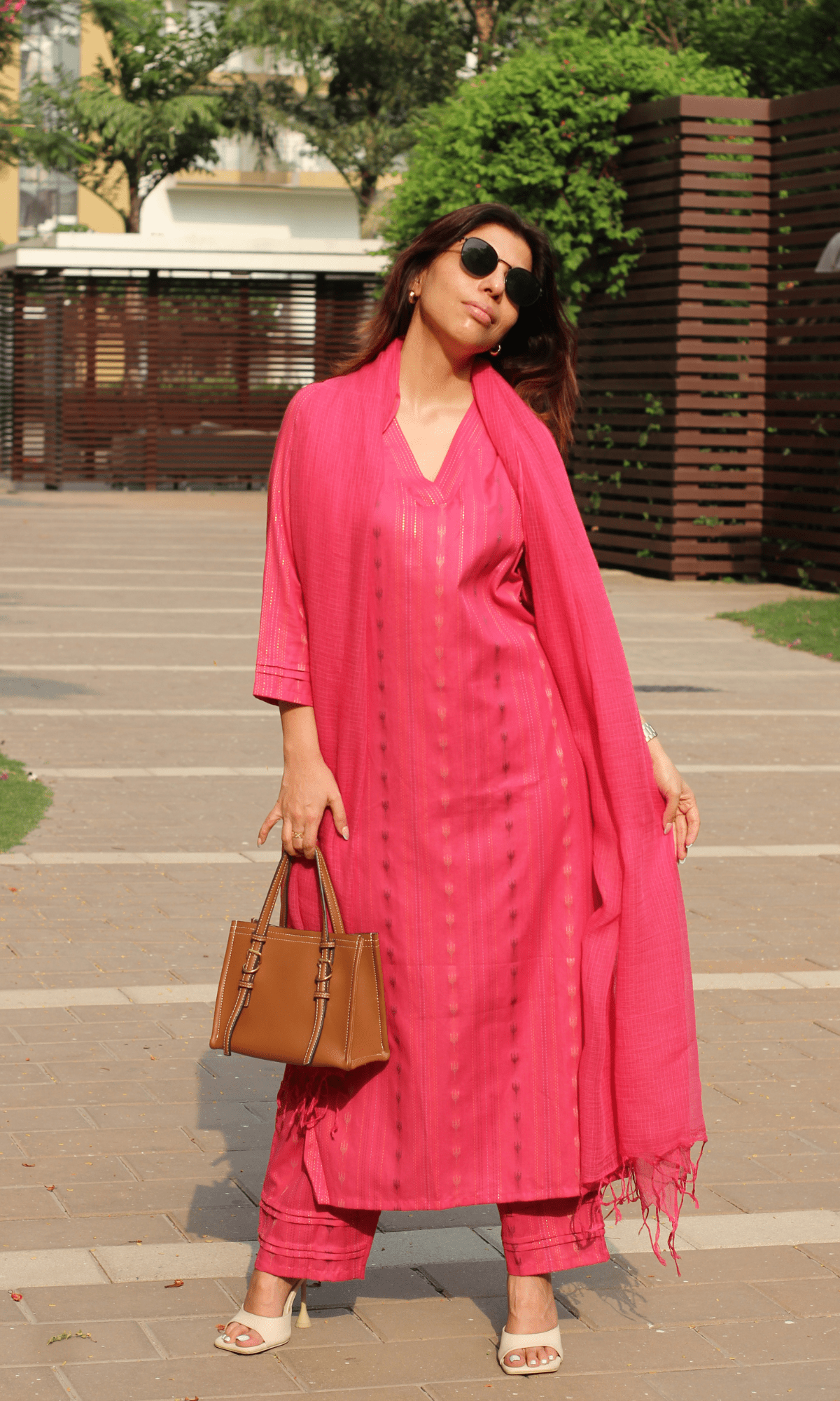 Baareeki Hot Pink Cotton Lurex Ikkat Print Suit with Kota Doria Dupatt – Tsuri Trends